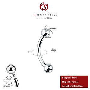 Forbidden Body Jewelry Eyebrow Jewelry, Curved Barbell Piercing Jewelry, Snake Eyes Tongue Rings, 14g 10mm Internally Threaded Surgical Steel Curved Piercing Barbell 4mm balls