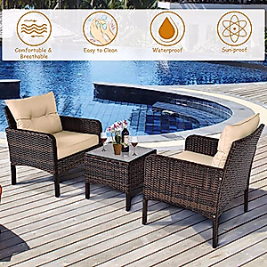 Tangkula 3 Piece Outdoor Patio Furniture Set for 2, Wicker Chairs with Glass Top Coffee Table, Thick Cushions, All Weather Garden Lawn Poolside Backyard Porch (Brown)