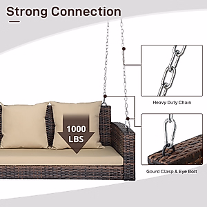 Outvita Porch Swing, 5FT Hanging Outdoor Porch Swings for Adults, Wicker 3 Person Patio Swing, with Cushion, Pillow and Chain for Garden, Backyard, Weight Capacity - 1000lbs