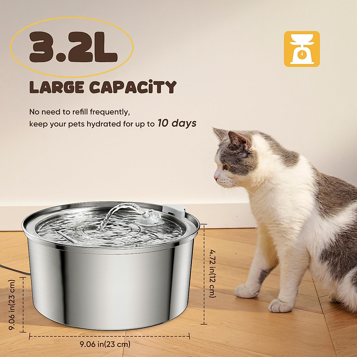 Zekory Cat Water Fountain, 108oz/3.2L Stainless Steel Automatic Dog Water Dispenser, Ultra-Quiet Pump for Cats Inside, Dogs, Multiple Pets with 3 Replacement Filters