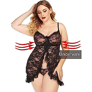 ADOME Lace Chemise Babydoll Lingerie for Women Lingerie Dress Pushup Lingerie with Underwire(Black, XXL)