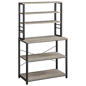 VASAGLE Coffee Bar, 31.5 Inches Baker's Rack for Kitchen with Storage, 6-Tier Kitchen Shelves with 6 Hooks, Microwave Stand, Industrial, Greige and Black UKKS019B02