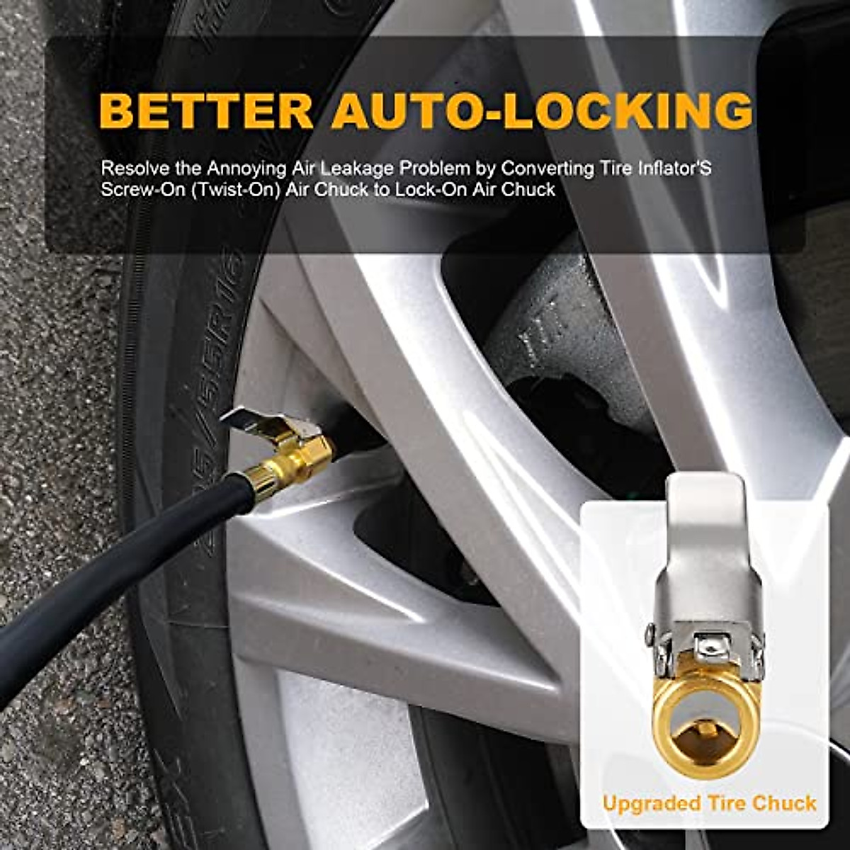 Brass Locking Tire Air Chuck, Tire Inflator Hose Adapter for Twist On Connection Convert to Lock On, No Air Leakage Air Compressor Pump Clip On Tire Chucks, Tire Nozzle with Tire Valve Thread