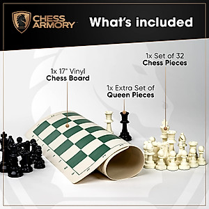 Chess Armory Roll Up Chess Set - 17" On-The-go Travel Chess Set - Vinyl Roll Up Portable Chess Board & 2 Extra Queens - Light and Mobile Chess Set - Play Chess Anywhere, Anytime!