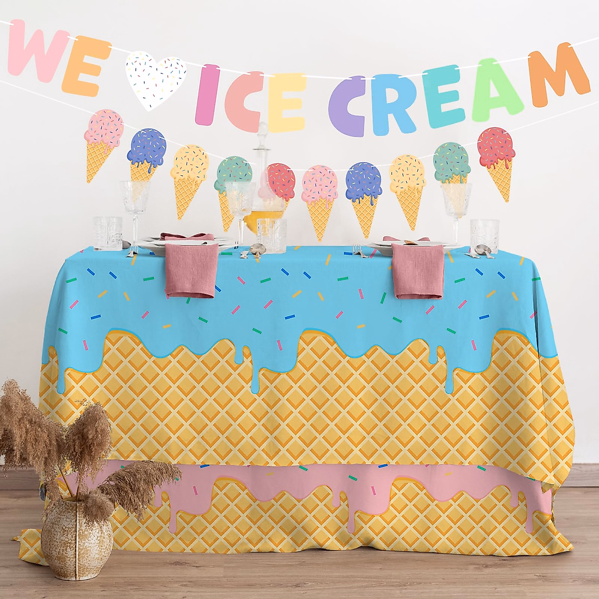 Gatherfun Ice Cream Party Supplies: 2-Pack Ice Cream Birthday Party Decorations,Disposable Plastic Tablecloth, Ideal Table Cover for Kids & Girls Birthday, Baby Shower & Themed Parties, 54 x 108 Inch