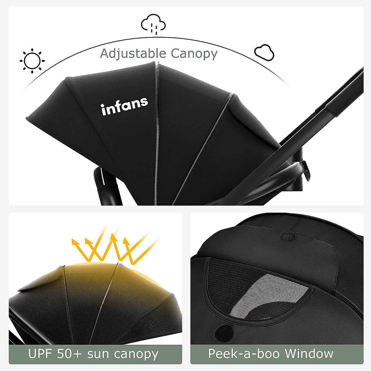 INFANS 2 in 1 Baby Stroller, High Landscape Infant Stroller & Reversible Bassinet Pram, Foldable Pushchair with Adjustable Canopy, Storage Basket, Cup Holder, Suspension Wheels (Black)