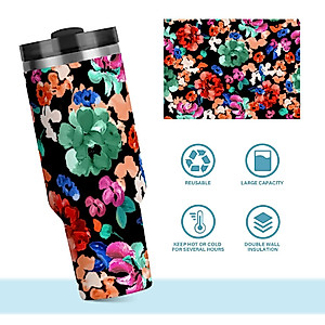 Yasala Car Tumbler with Handle Watercolor Rainbow Color Flower Travel Mug Coffee Cup Insulated Beverage Container Mega Cup for Hot Cold Drinking Thermos Water Bottle Cupholder Friendly 40 oz