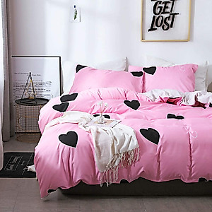 Erosebridal Girls Pink Comforter Cover Queen Black Love Pattern Girly Bedding Set for Kids Child Teens Cartoon Lightweight Grey Reversible Duvet Cover Soft Microfiber Bedclothes Fashion Room Decor