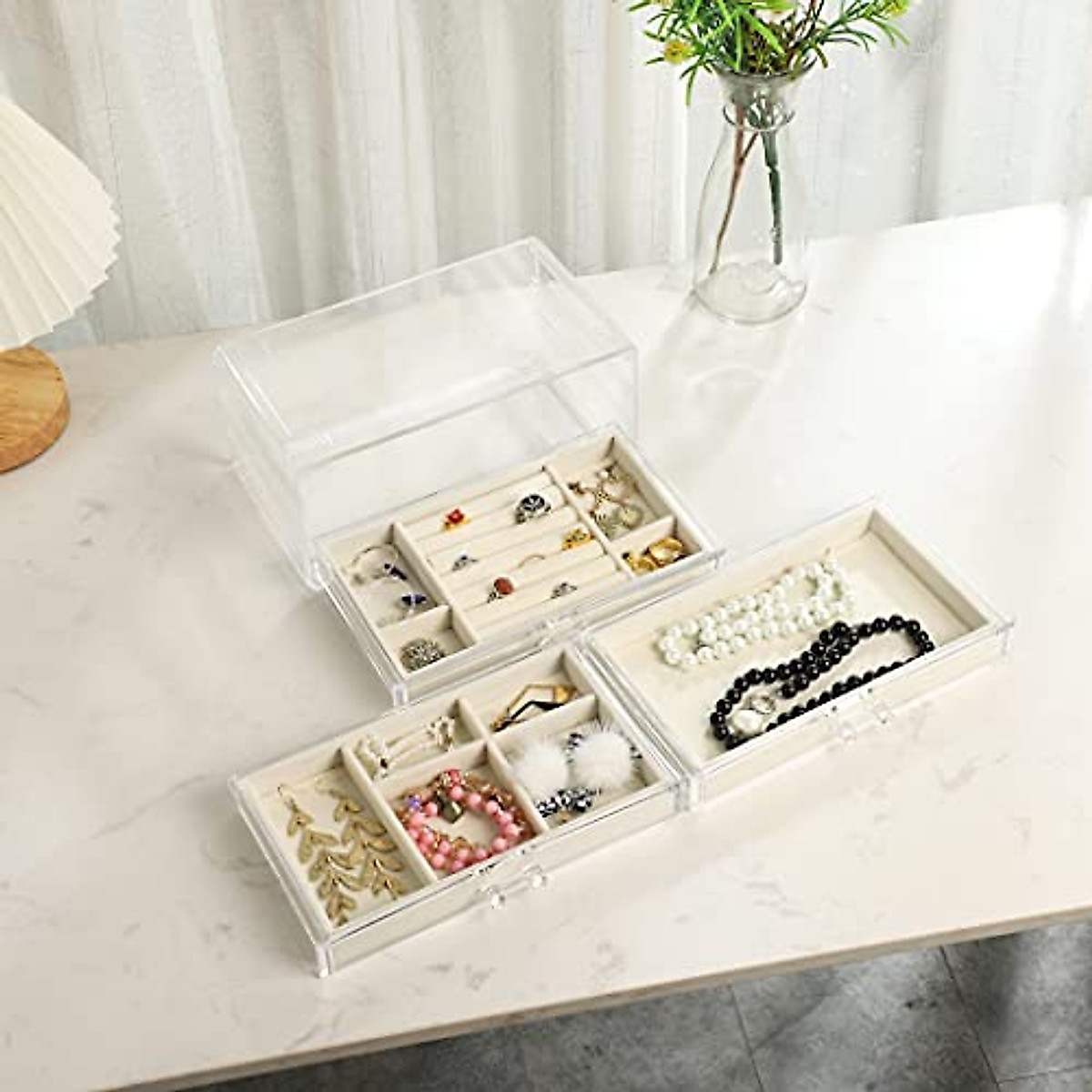 Acrylic Jewelry Boxes For Women With 3 Drawers Stackable Velvet Jewelry Organizer Holder for Earring Bangle Bracelet Necklace Ring Display Case Gift for Girls