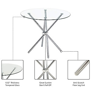 Modern Round Dining Table with Clear Tempered Glass Top, 4 Chrome Legs Kitchen Table for 2 or 4 Person,Round Dining Table Furniture for Home Office Kitchen Dining Room(W 35.4 x L 35.4 x H 29.5 inch)