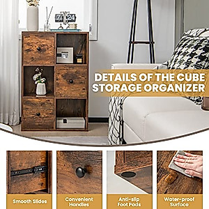 Giantex 6-Cube Bookcase with Drawers, 3-Tier Freestanding Wooden Bookshelf with Anti-toppling Device, Wood Cube Storage Organizer for Kids Room, Living Room, Study, Bedroom, Rustic Brown