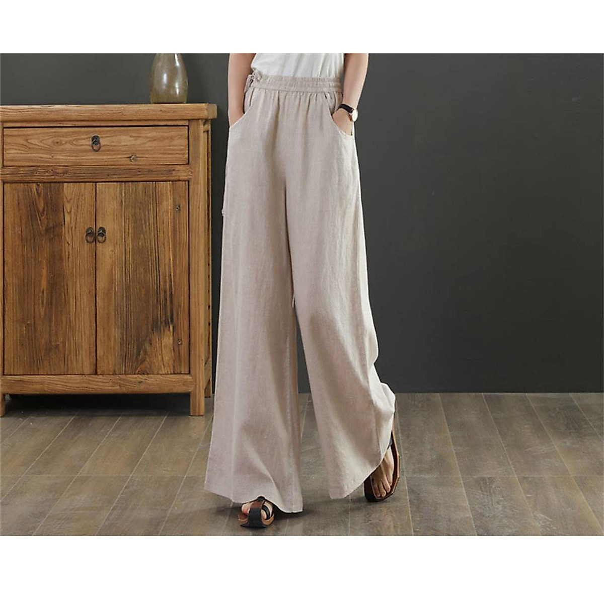 Les umes Women's Casual Wide Leg Long Pants High Waist Drawsting Loose Palazzo Pants Cotton Linen Beach Trousers Beige XL