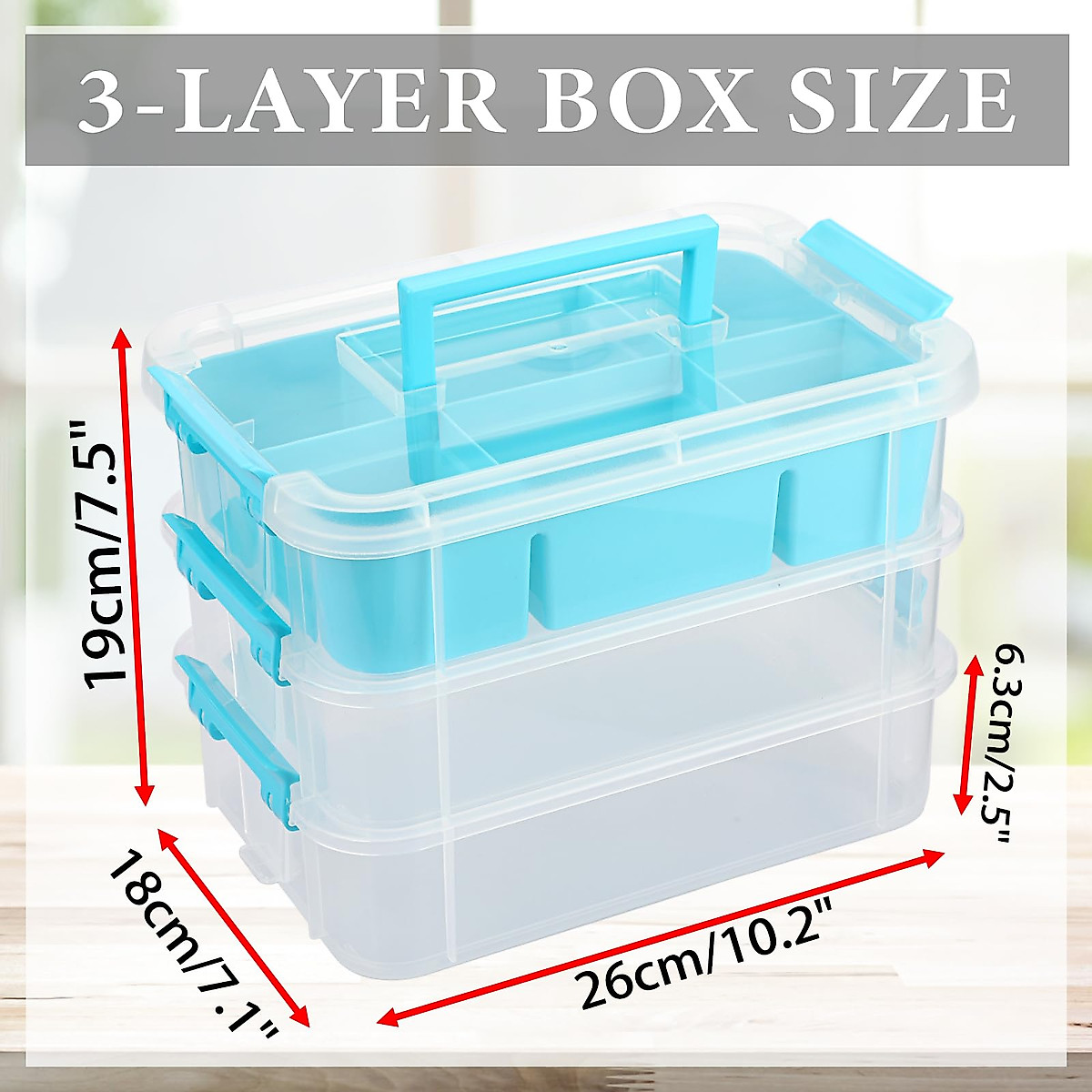 BTSKY 3 Layer Stack & Carry Box, Plastic Multipurpose Portable Storage Container Box Handled Organizer Storage Box with Removable Tray for Organizing Sewing, Art Craft, Supplies Blue