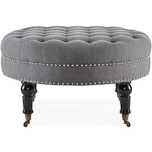 BELLEZE Modern 34 Inch Round Linen Ottoman with Caster Wheels, Contemporary Classic Footsool Bench with Button Tufted Top, Nailhead Trim, Wood Legs - Ravenna (Elephant Grey)