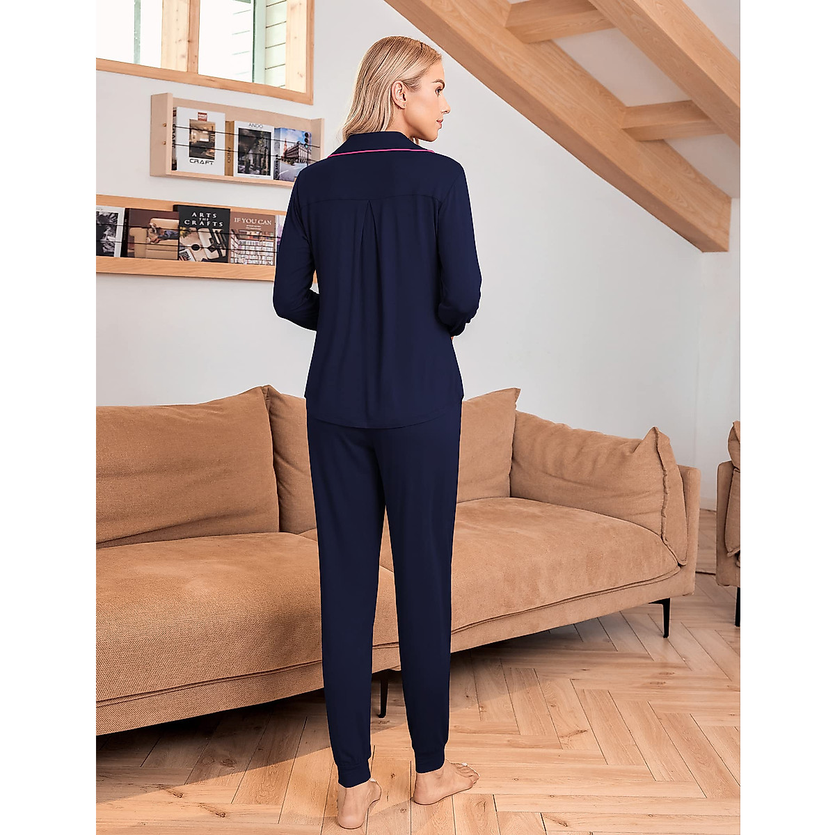 Ekouaer Pajamas Set Long Sleeve Sleepwear Womens Button Down Nightwear Soft Pj Loungewear with Pockets,Navy,L