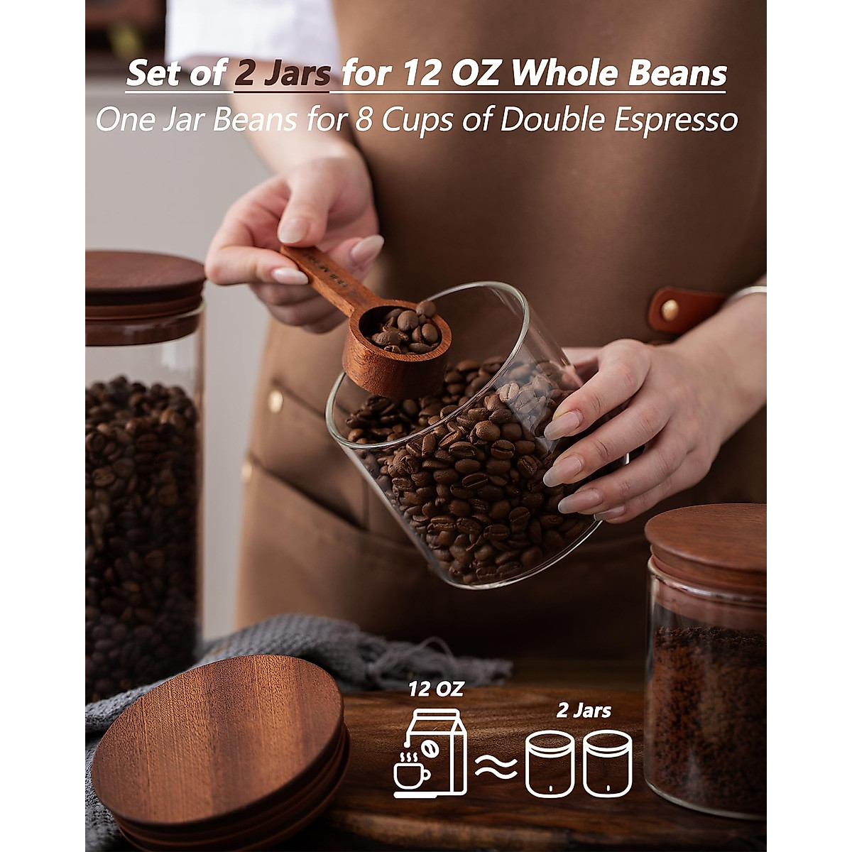 BOILMERIT 500ml Glass Coffee Canister with Wooden Lids and Scoop, Kitchen Coffee Container Set of 2 Hold Up to Total 12 oz of Coffee Bean, Airtight Food Storge Jars for Ground Coffee Bar Cereal Snack