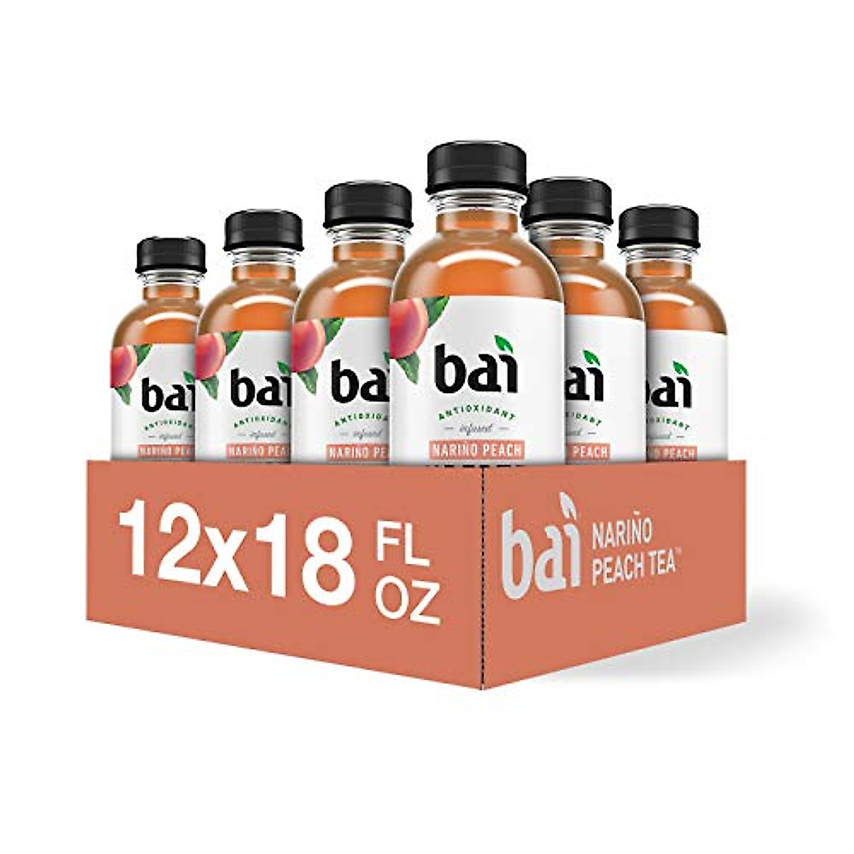Bai Iced Tea, Narino Peach, Antioxidant Infused Supertea, Crafted with Real Tea (Black Tea, White Tea), 18 Fluid Ounce Bottles, 12 count
