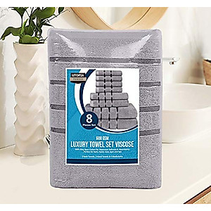 Utopia Towels 8-Piece Luxury Towel Set, 2 Bath Towels, 2 Hand Towels, and 4 Wash Cloths, 600 GSM 100% Ring Spun Cotton Highly Absorbent Viscose Stripe Towels Ideal for Everyday use (Cool Grey)