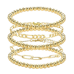 ARATLENCH Beaded Bracelet Link Chain Bracelet Set for Women Stack Stretch Beads Bracelets Minimlist Paperclip Figaro Link Chain for Women(gold bracelet set)