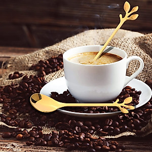 12pcs Stainless Steel Gold Leaf Coffee Spoon and Cake Fruit Forks Kitchen Accessory Wedding Party for Dessert, Salad, Appetizer, Spoon and Fork Set(6 Forks + 6 Spoons) (Gold)