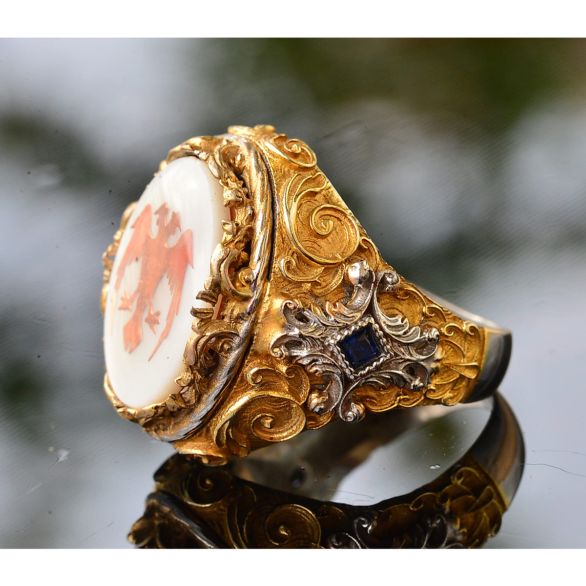 Men's Sterling Silver Ring - Pearl Stone - Signet Ring (Double Headed Eagle)