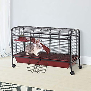 PawHut 41" L Small Animal Cage Rabbit Hutch Ferret Pet Play House with Feeder, Rolling Wheels, Platform, Ramp