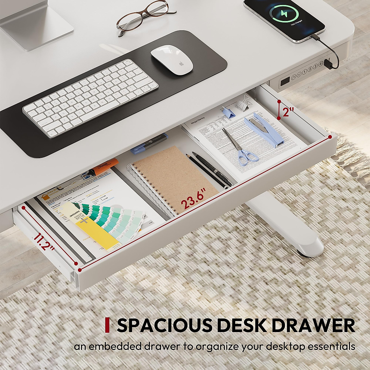 SANODESK Standing Desk with Drawer, Electric Height Adjustable Home Office Desk with Storage & USB Ports, 55 inch White Wood Tabletop/White Frame