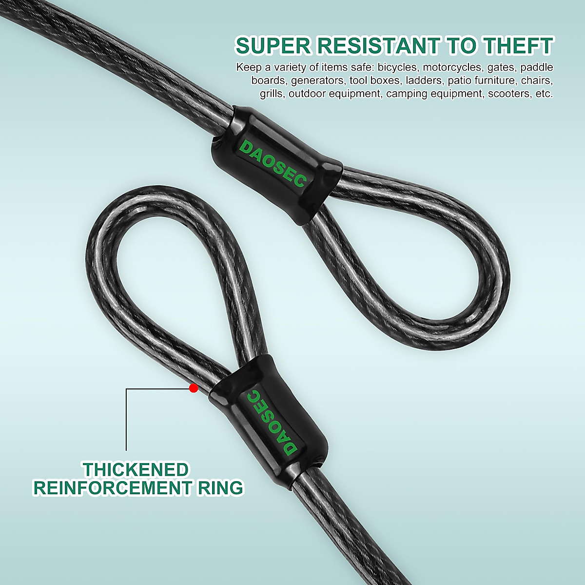 DAOSEC 7ft Heavy Duty Anti-Theft Steel Cable & Stainless Steel Padlock Set with D-Shackle - 12mm Cut & Rust Resistant Bicycles, Gate, Shed, Patio Furniture - High Security Outdoor Safety Lock Kit