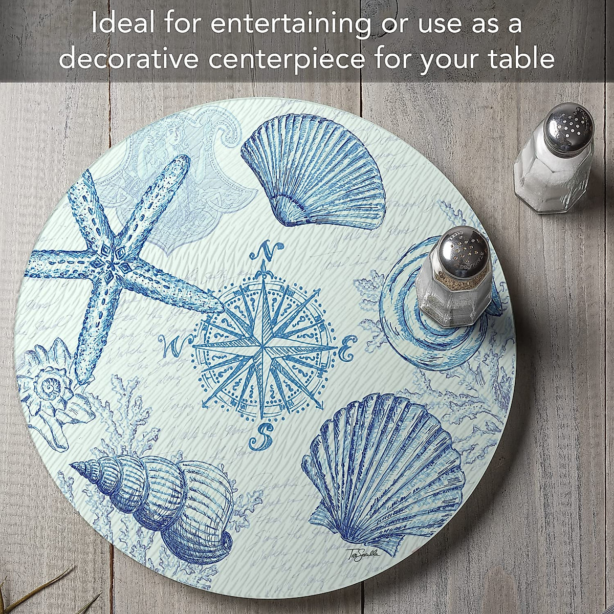 CounterArt Coastal Sketch 4mm Heat Tolerant Tempered Glass Lazy Susan Turntable 13" Diameter Cake Plate Condiment Caddy Pizza Server