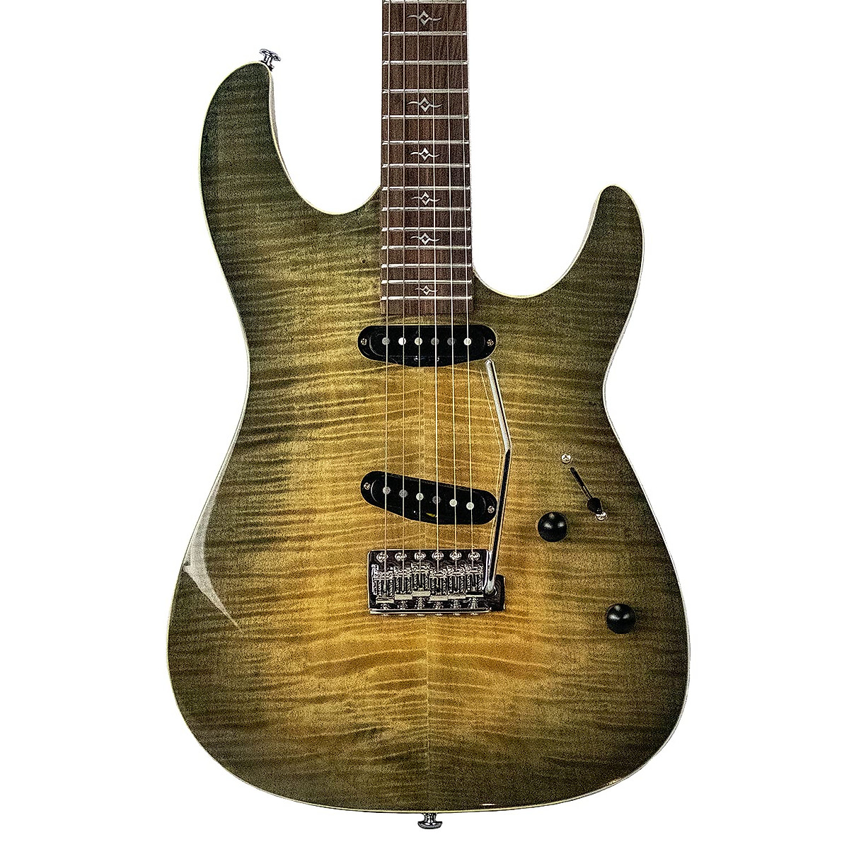 GoDpsMusic 6 String Sawtooth Natural Series Flame Maple Trans Moss Burst 24-Fret Electric Guitar w Single Coil Pickups, Right Handed (ST-M24-NAT-NFMG-1)