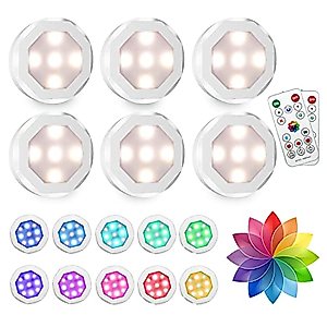 GANA Puck Lights with Remote Control, Under Cabinet Lighting LED Closet Lights - Battery Powered Operated Timer Function Wireless Color Changing Dimmable 16 Colors and 4 Modes Battery Lights (6 Pack)