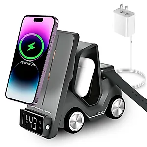 Diecallan 5 in 1 Wireless Charging Station 20W Adapter Fast Wireless Charging Apple Devices for iPhone 15/14/13/12 Series for AirPods Pro/3/2,for Apple Watch/iWatch Support Alarm Clock Light（Grey）