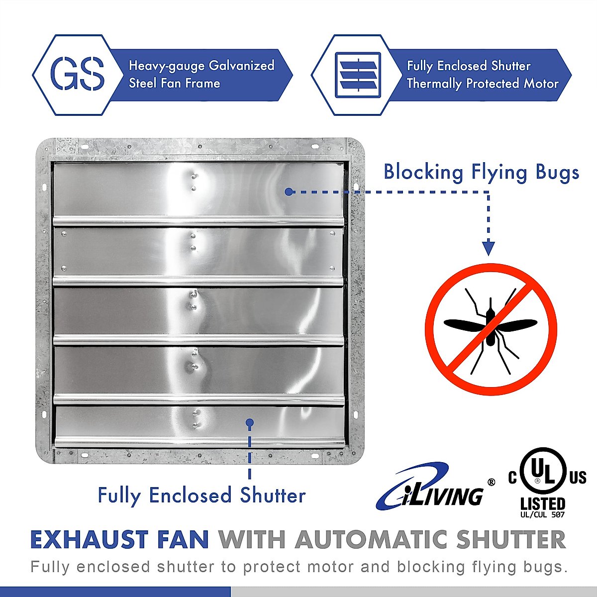 iLIVING 20" Wall Mounted Shutter Exhaust Fan, Automatic Shutter, with Thermostat and Variable Speed controller, 2.2A, 3368 CFM, 5000 SQF Coverage Area Silver (ILG8SF20V-ST)