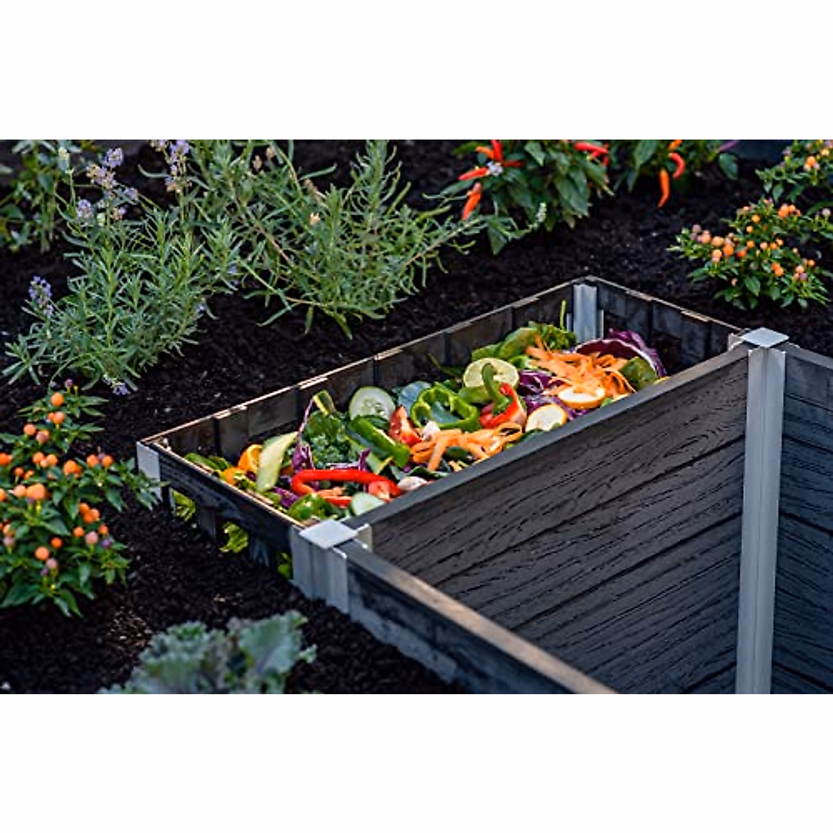 Vita Urbana 6 Foot x 6 Foot Embossed Vinyl Keyhole Garden with Composting Basket, Slate Grey, Gray, Woodgrain, PVC, BPA and Pthalate Free, VT17607