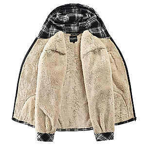 Elesuit Men's Flannel Shirt Jacket Plaid Full Zip Hoodie Fleece Lightweight Jacket Warm Winter Casual Thick Coats Black Large