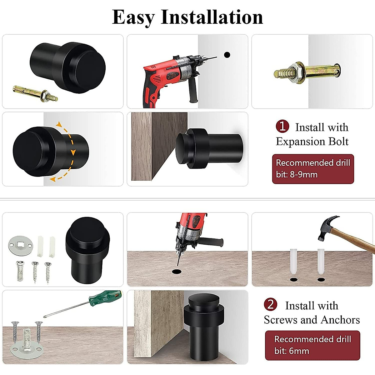 KOLAKO Door Stopper, Cylindrical Floor Door Stop, 2 Inch/Stainless Steel, Black Modern Heavy Duty Brushed Solid DoorStops with Rubber Bumper, Floor Door Stops for Bottom of Door, 6 Pack