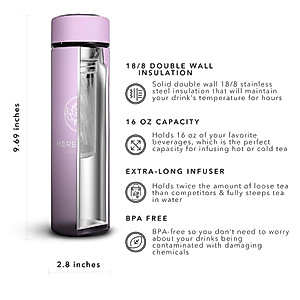 Multi-Purpose Travel Mug and Tumbler | Fruit Infused Flask | Hot & Cold Double Wall Stainless Steel Thermos | EXTRA LONG INFUSER | by Here & Now Supply Co. (Gentle Lilac)