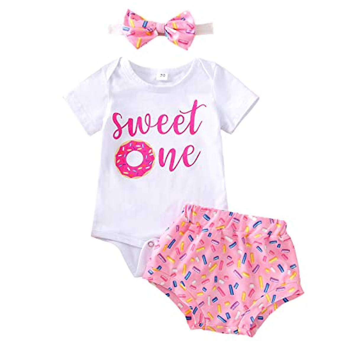 AISLUBXM Baby Girl Birthday Donut Outfit Short Sleeve Sweet One Romper Doughnut Shorts/Flared Pants Headband 3Pcs Set (Shorts, 9-12 Months)