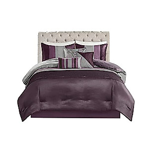 Madison Park Amherst Faux Silk Comforter Set-Casual Contemporary Design All Season Down Alternative Bedding, Matching Shams, Bedskirt, Decorative Pillows, King(104"x92"), Purple, 7 Piece (MP10-127)