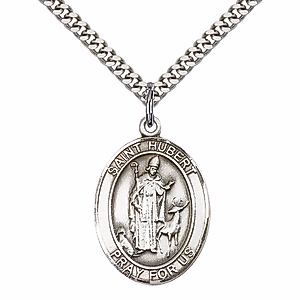 F A Dumont Sterling Silver St. Hubert of Liege Pendant with 24" Stainless Steel Heavy Curb Chain. Patron Saint of Archers/Hunters/Dogs