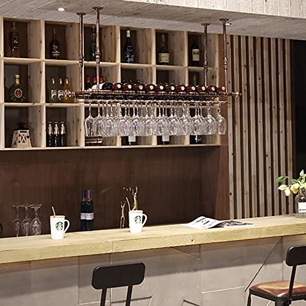 Qunine Bar Unit Floating Shelves Wall-Mounted Wine Racks, Ceiling Wine Bottle Holder Hanging Metal Iron Wine Glass Rack Goblet Stemware Racks (Size : 140x30cm)