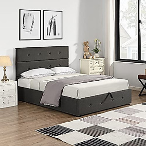 Merax Full Size Upholstered Platform Bed with Wooden Slat Support and Underneath Storage, Grey
