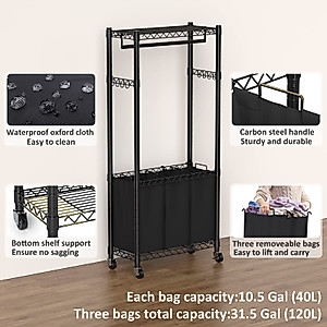 Hodonas Rolling Laundry Basket Organizer with Wheels and Hanging Bar, Laundry Hamper Cart Laundry Sorter 3 Section, Dirty Clothes Hampers for Laundry Bedroom Bathroom w/ 3 Removeable Bags, Black