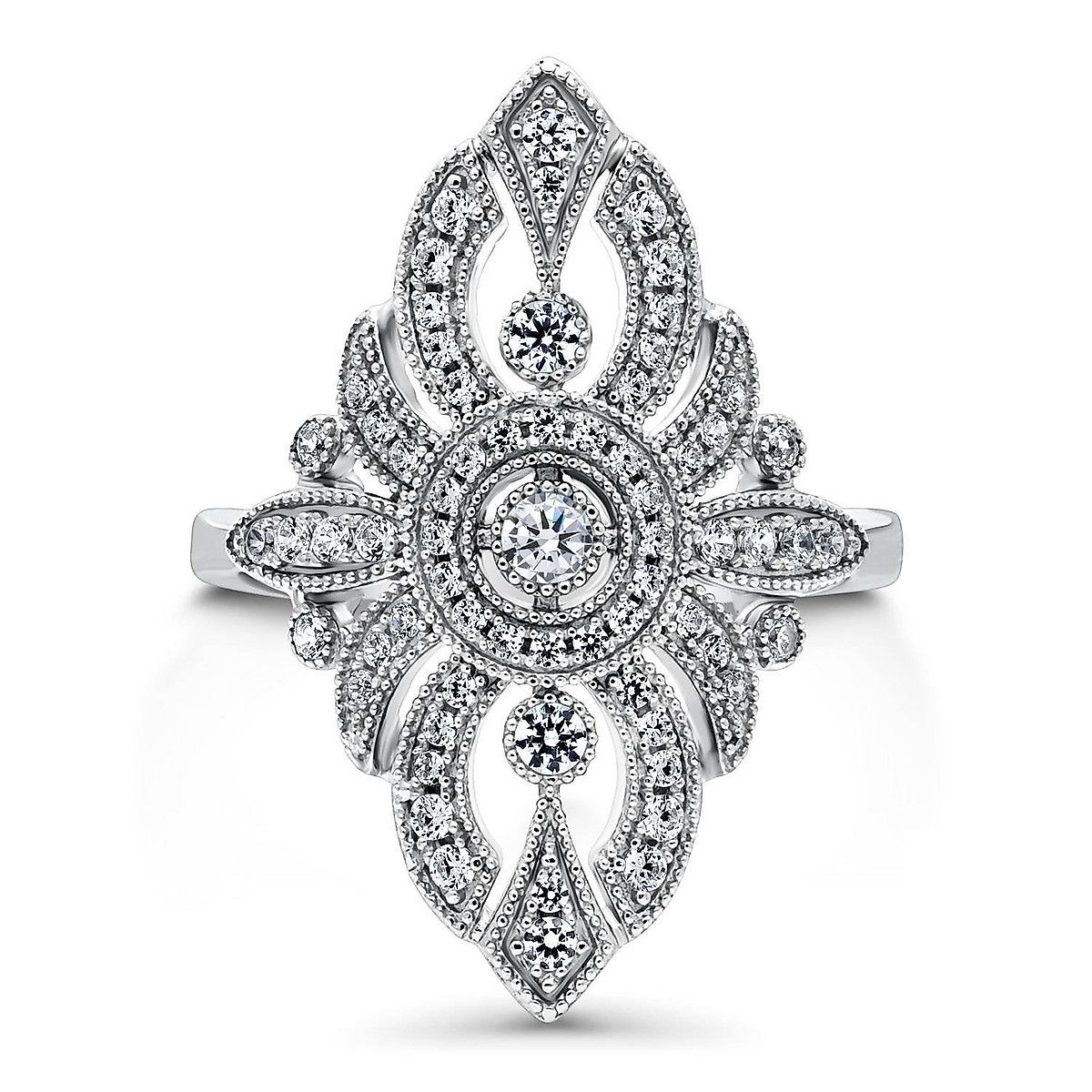 BERRICLE Sterling Silver Navette Cubic Zirconia CZ Statement Art Deco Cocktail Fashion Ring for Women, Rhodium Plated Size 6.5