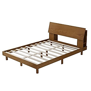 Livavege Queen Bed Frame with LED Lights Headboard, Mid Century Wood Platform Bed w/Storage Shelf and Charging Station, Wooden Slats Support, Queen Size Bedframe No Box Spring Needed, Easy Assembly