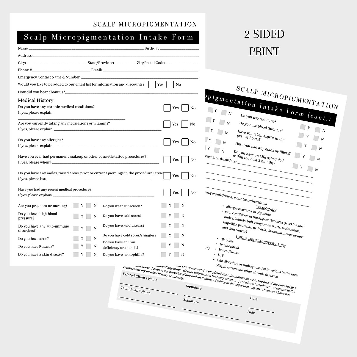 Scalp Micropigmentation Client Intake Forms: Intake,Consent,Consultation and Aftercare Forms | 75pk 25 of Each | for PMU Scalp Tattoo Professional Pigmentation 8.5 x 11” in Forms, Black and White