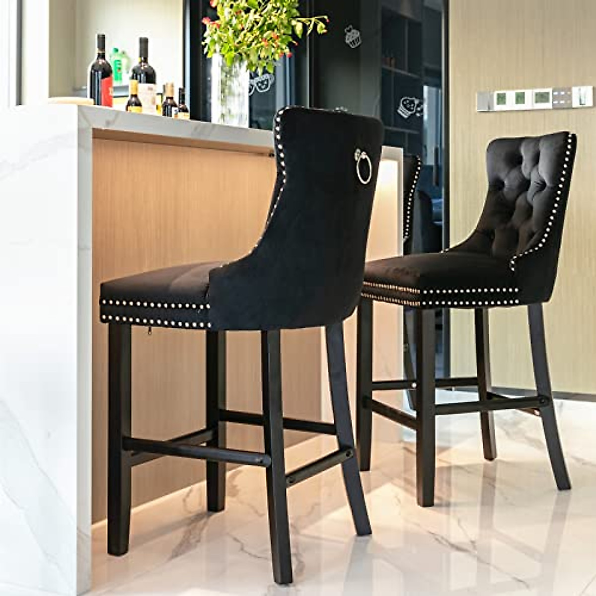HomSof Counter Height Bar Stools Set of 2, Velvet Upholstered Dining Chairs with with Button Tufted Decoration, Wooden Legs and Nailhead Trim