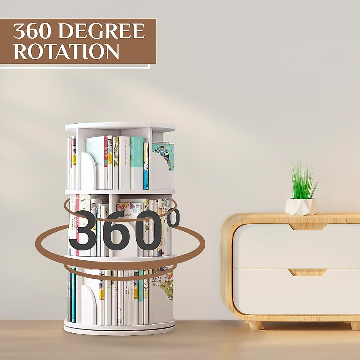 PrimeNex Rotating Bookshelf Tower 360° Display Bookcase, Floor Standing Book Shelf Storage Rack for Kids&Adult, Solid Wood Small Corner Bookshelf Organizer for Bedroom, Living Room- White (3 Tier)