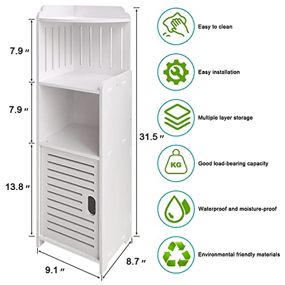 SENYAN Bathroom Storage Cabinet, Waterproof Freestanding Floor Cabinet Organizer with Doors and Shelves for Bedroom, Living Room, Kitchen,Entryway, Home Office, White