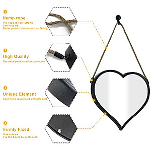 Urban Deco 3 Pieces Heart Shaped Mirror for Wall, Hanging Black Glass Mirror Sets Decoration for Bedroom Living Room Bathroom
